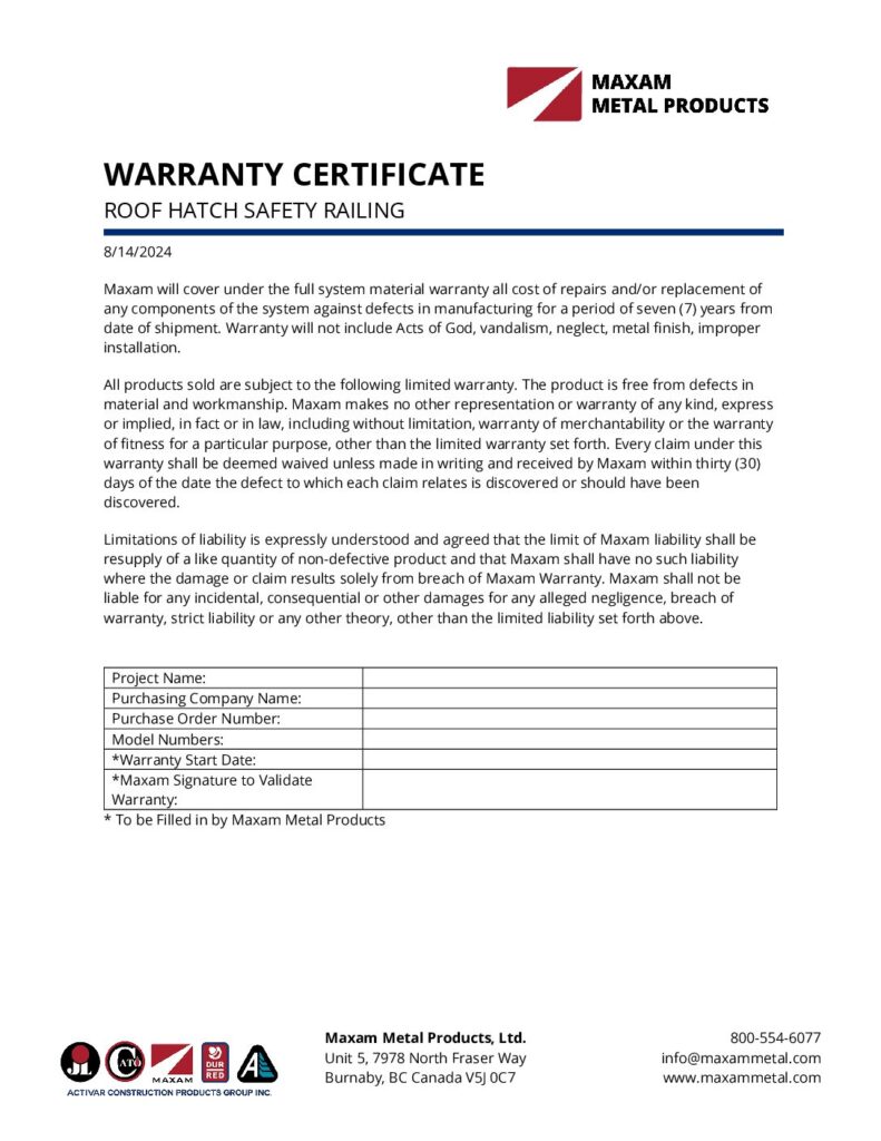 Roof-Accessories-Safety-Railing-Warranty-Maxam | Maxam Metal Products